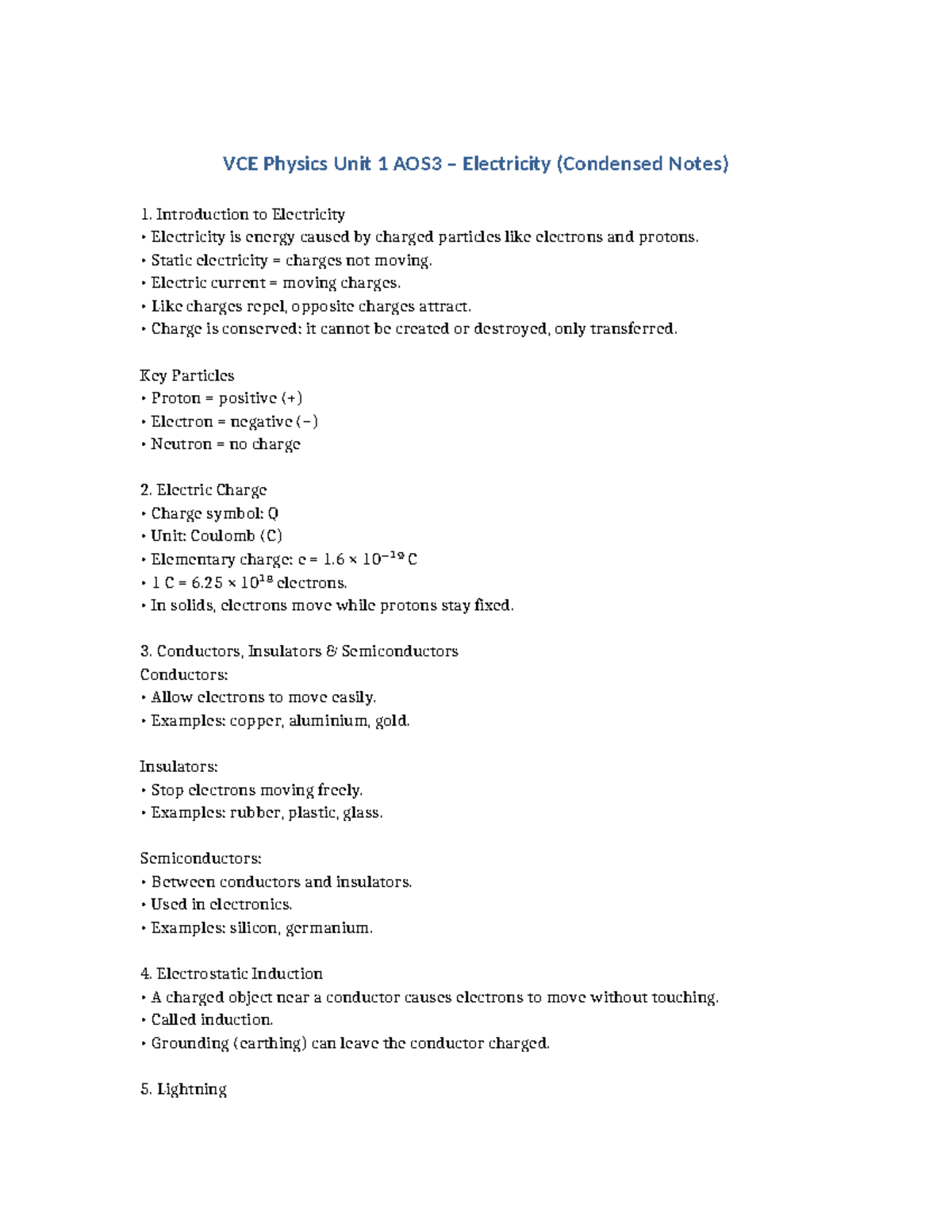 VCE Physics Unit 1 AOS3 Electricity: Condensed Study Notes - Studocu