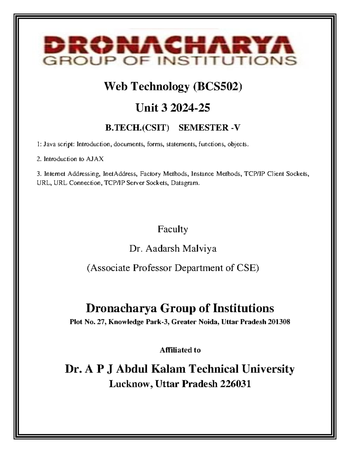 Wt-unit3 - read - Web Technology (BCS502) Unit 3 2024- B.(CSIT) SEMESTER -V 1: Java script ...