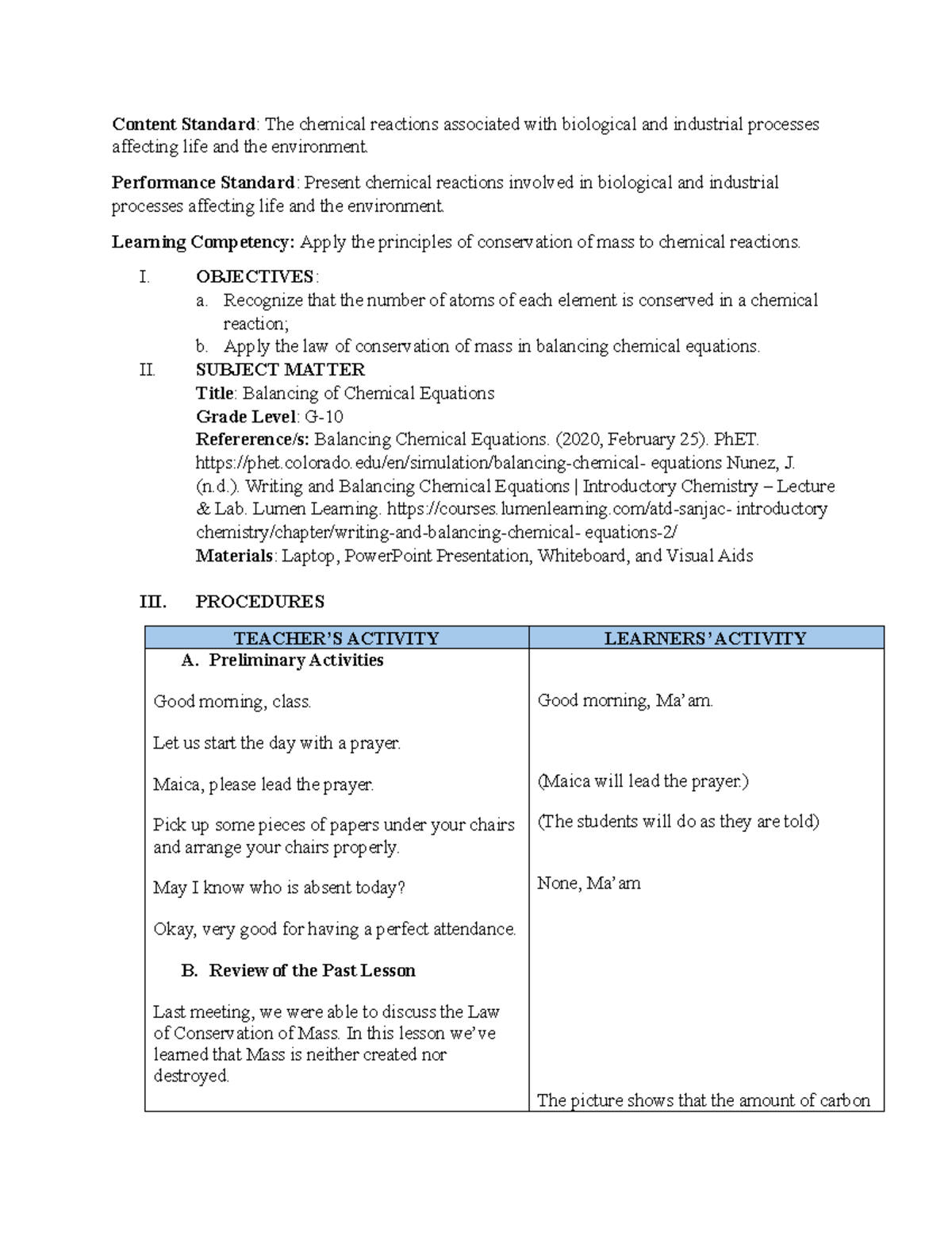 Lesson Plan: Balancing Chemical Equations (Grade Level) - Introductory ...