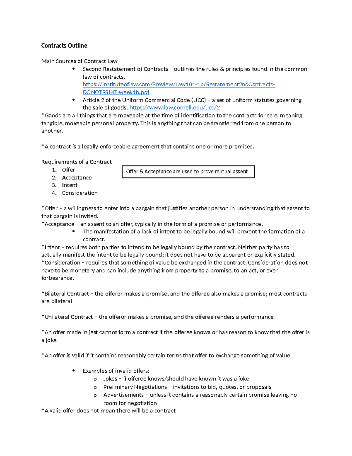Contracts Law Outline: Essential Principles and Concepts - Studocu