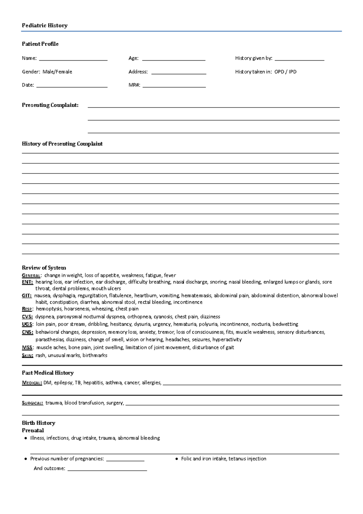Pediatrics History & Examination Format - 2 (PEDS 101) - Studocu