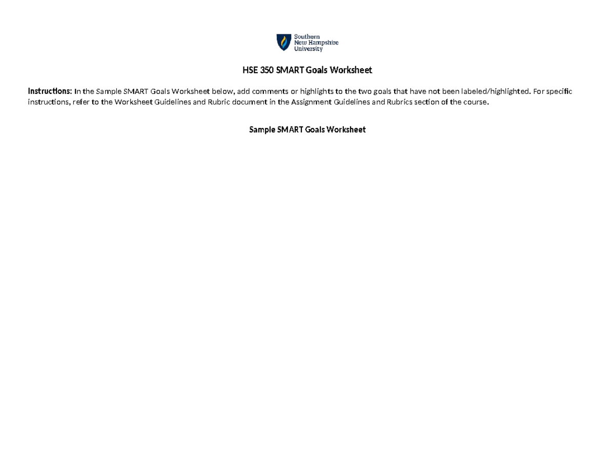 HSE 350 SMART Goals Worksheet: Strategies for Recovery and Employment ...