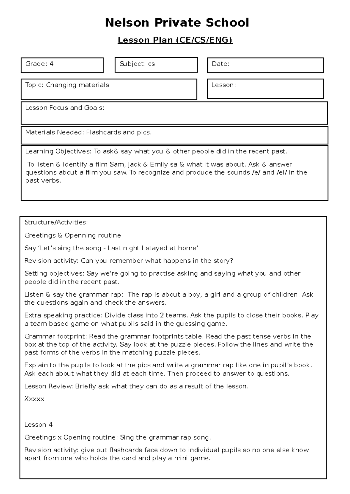 Grade 4 CS Lesson Plan: Changing Materials & Past Tense Activities ...