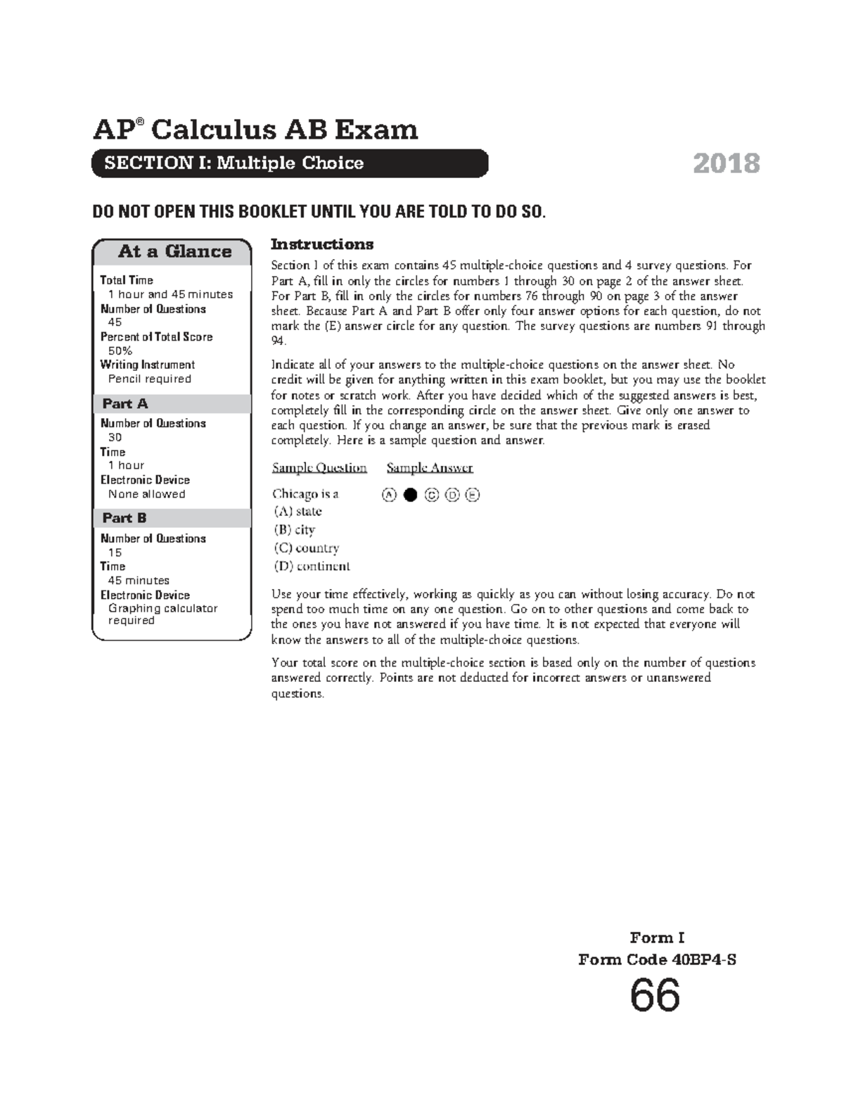 2018 AP Calculus AB Exam: Multiple Choice Questions Guide - Studocu