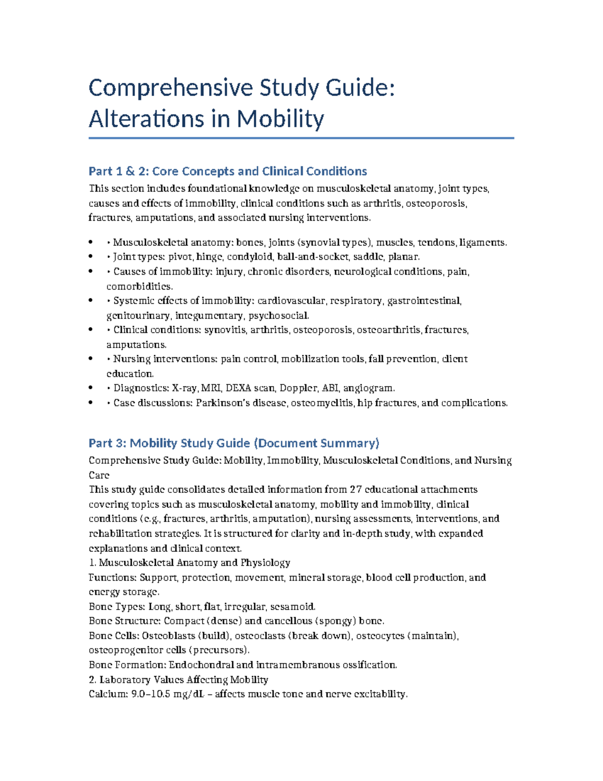 Comprehensive Study Guide: Mobility & Immobility in Nursing Care (NURS ...