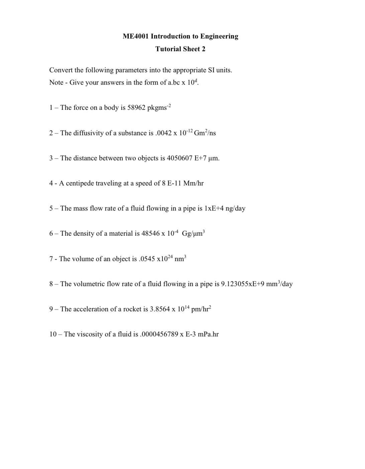 ME4001 Engineering Tutorial Sheet 3: SI Unit Conversions - Studocu