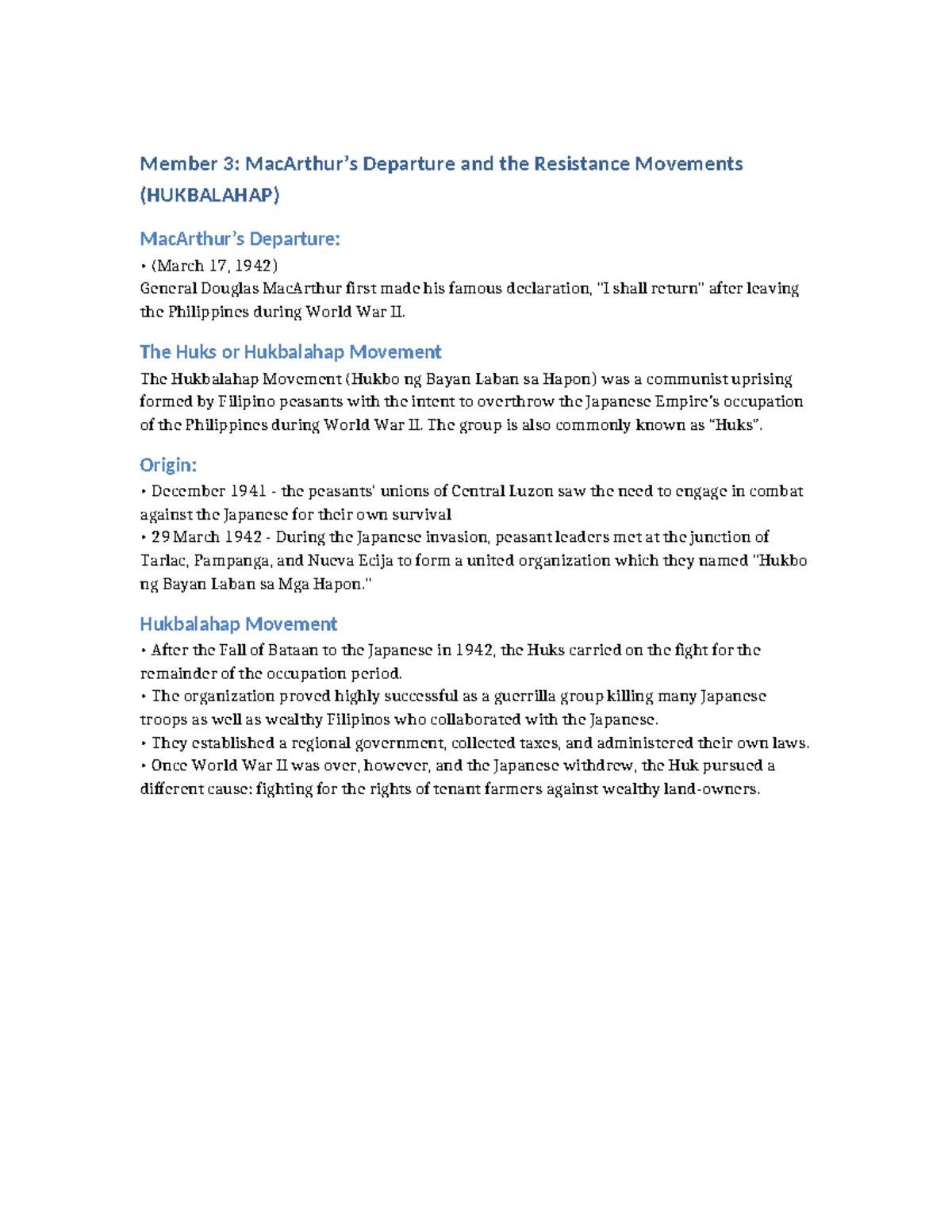HIST 101: Hukbalahap Movement and MacArthur's Departure (1942) - Studocu