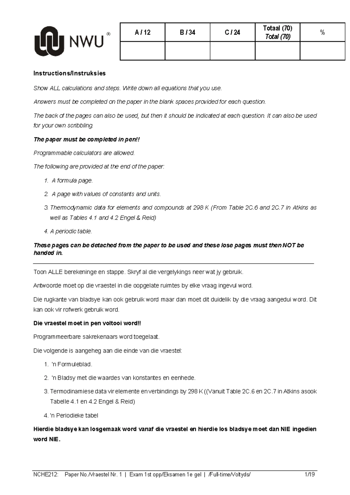 NCHE 212 Klastoets 1 / Class Test 1 Memo and Solutions - Studocu