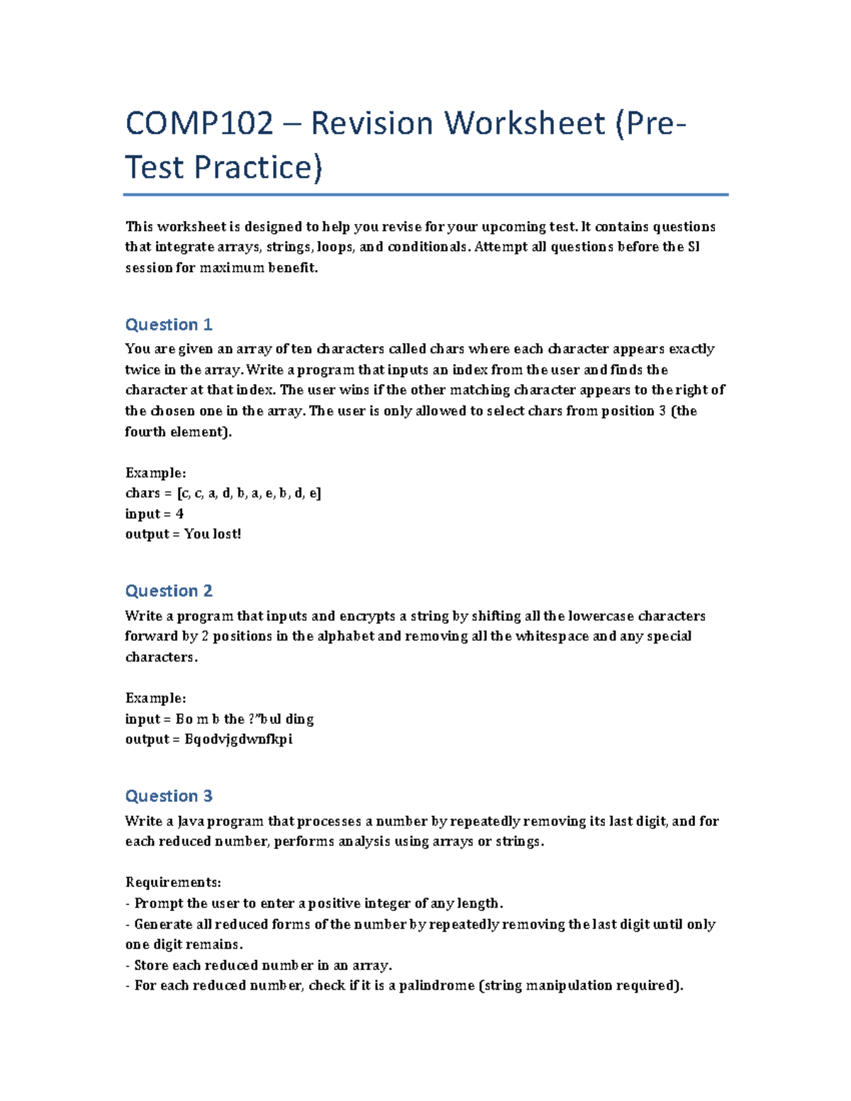 COMP102 Revision Worksheet (PreTest Practice) - Studocu