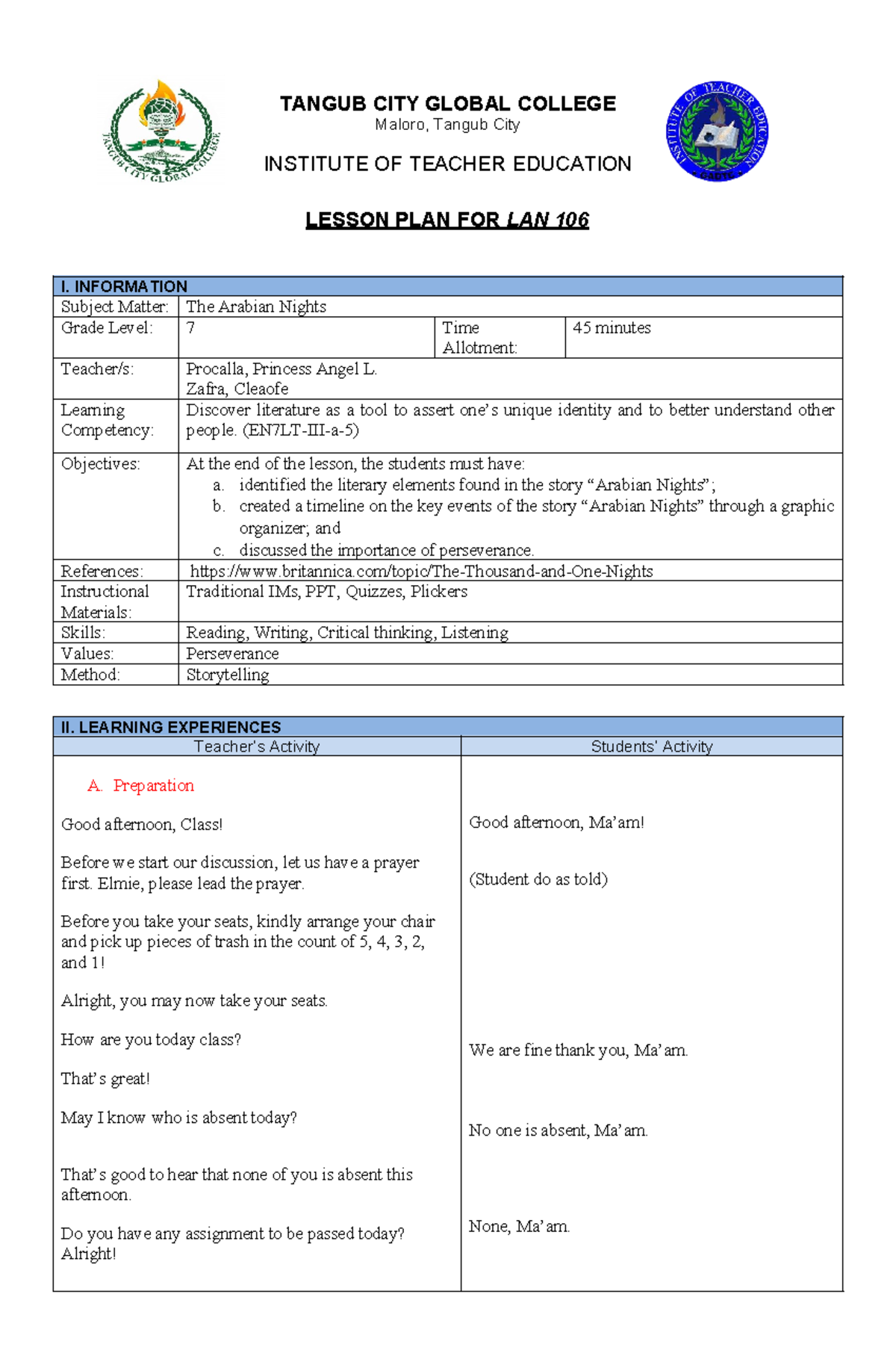 LAN 106 Lesson Plan: Exploring The Arabian Nights for Grade 7 - Studocu