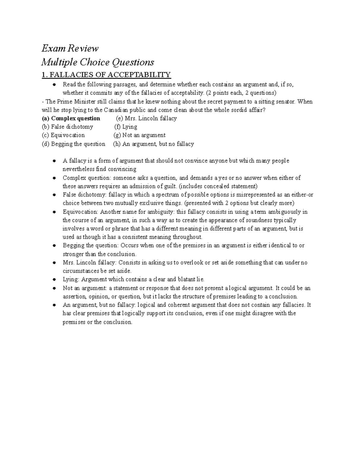 PHI1101 Final Exam Review: Fallacies, Logic, and Argument Analysis ...