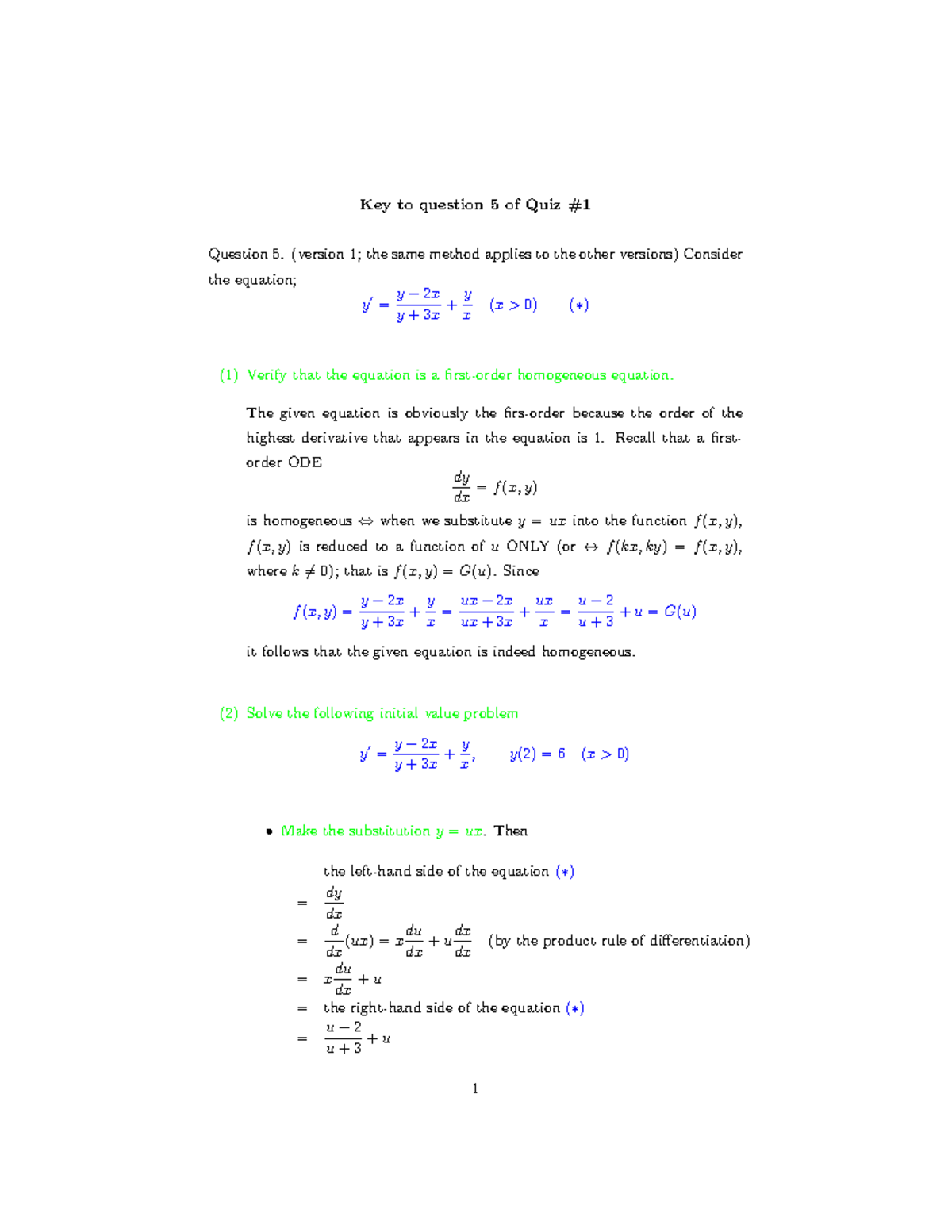 Key to Free-Response Question (Quiz 1) on Homogeneous Equations - Studocu