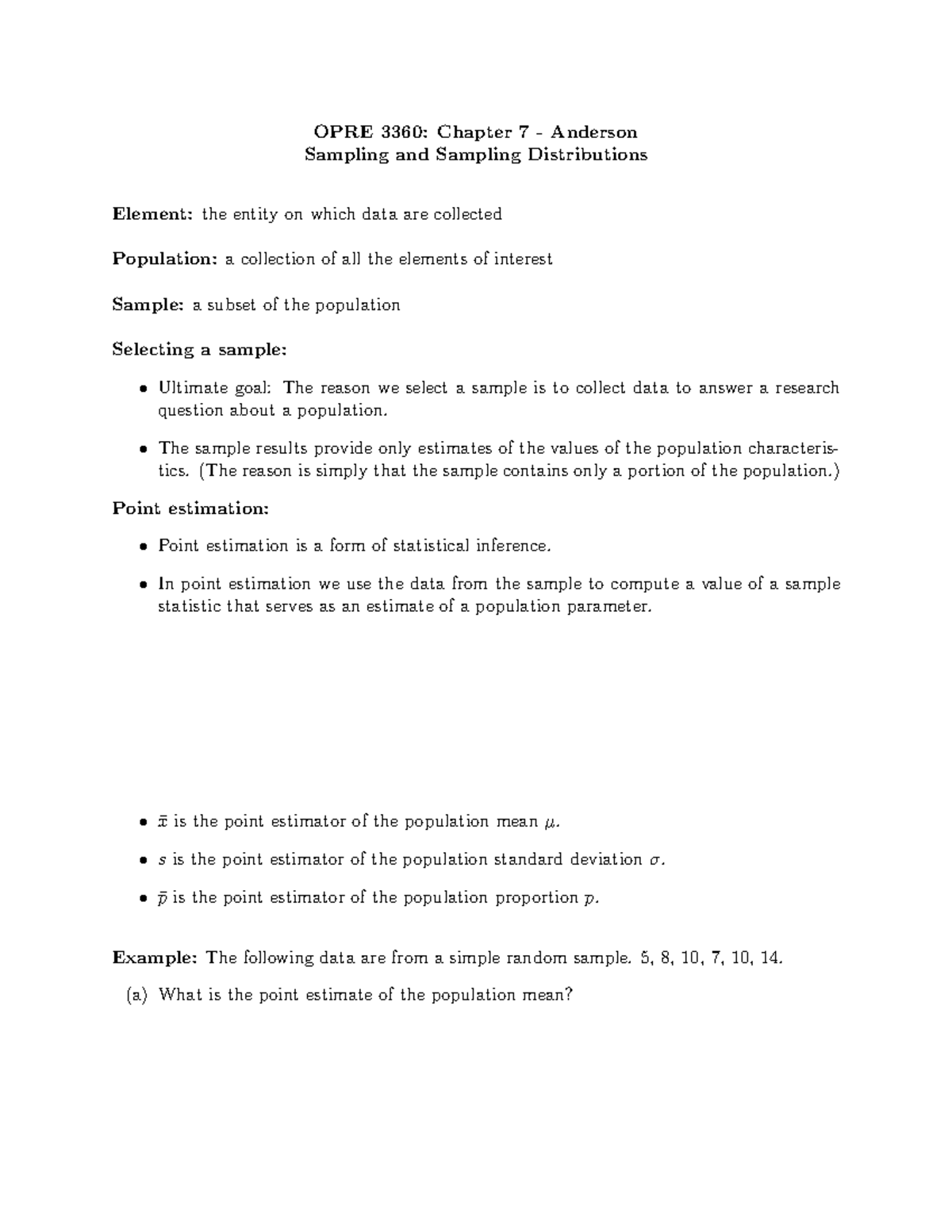 Lecture 7 - OPRE 3360: Sampling and Sampling Distributions Overview ...