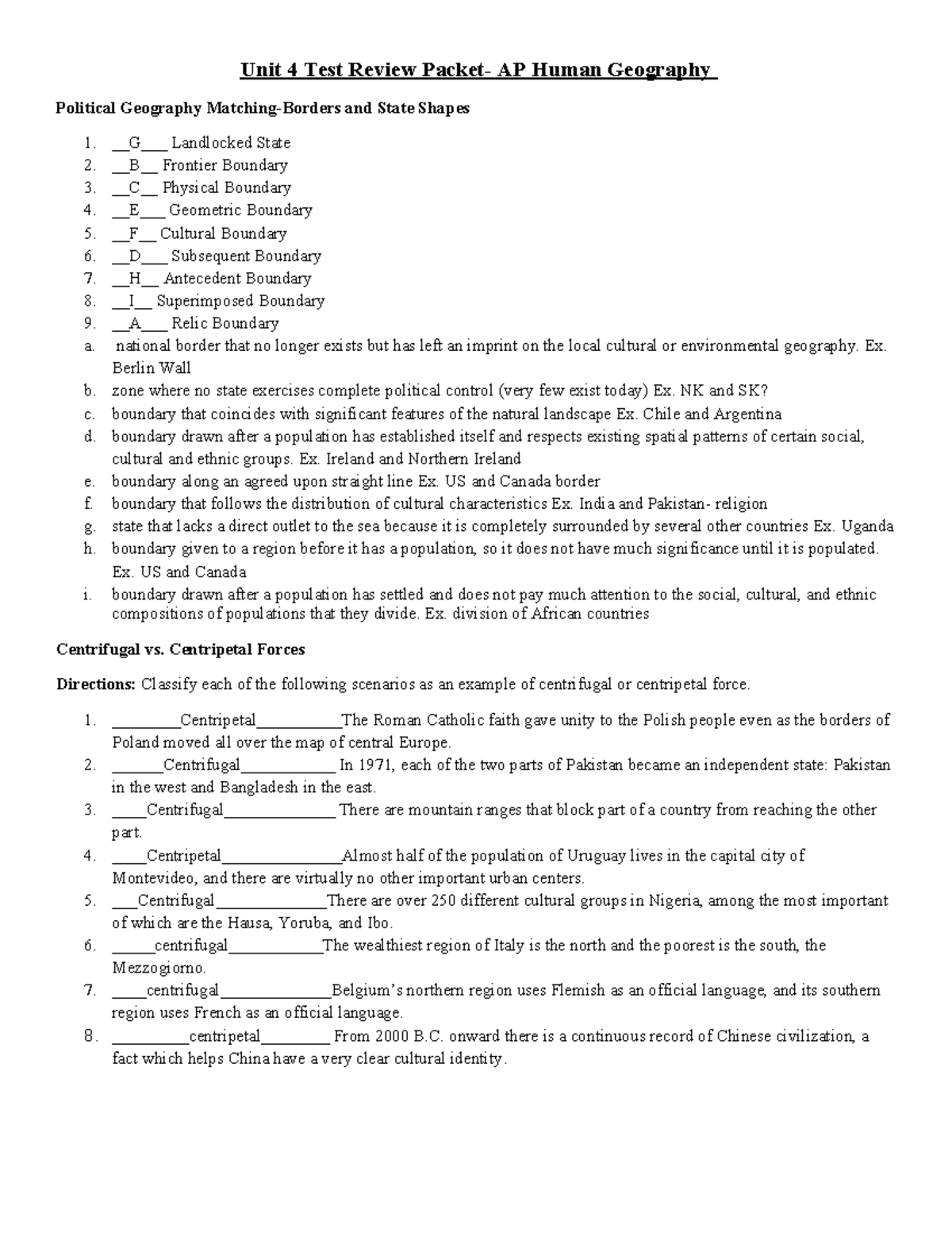 Unit 4 AP Human Geography Review Packet 609 - Political Geography Focus ...