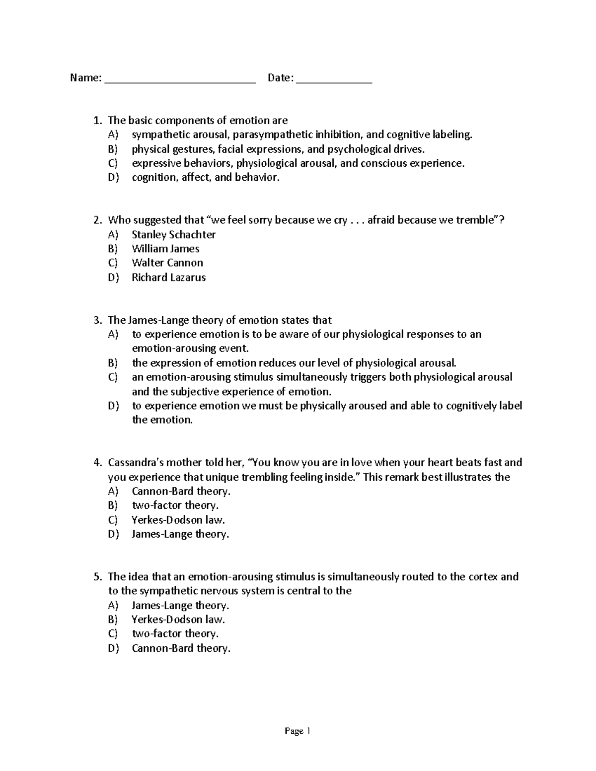 PSYCH 1010 Sample Exam: Emotion Theories Q&A Comprehensive Review - Studocu