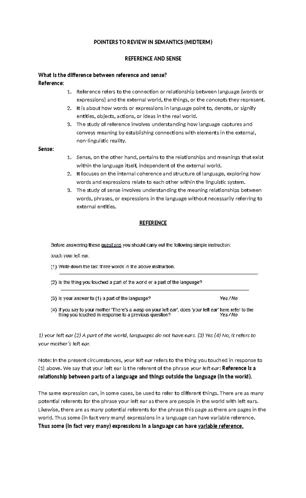 Pointers for Review in Semantics (MIDTERM) - Reference vs. Sense - Studocu