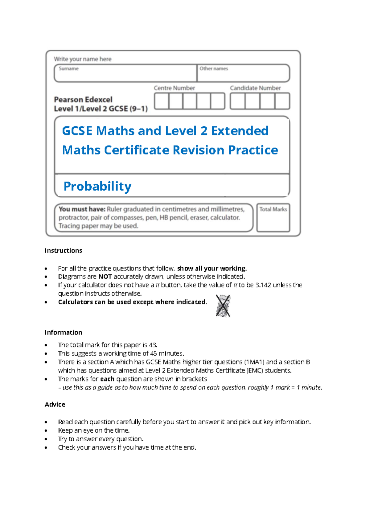 GCSE Maths & Level 2 EMC Revision: Probability Practice Paper - Studocu