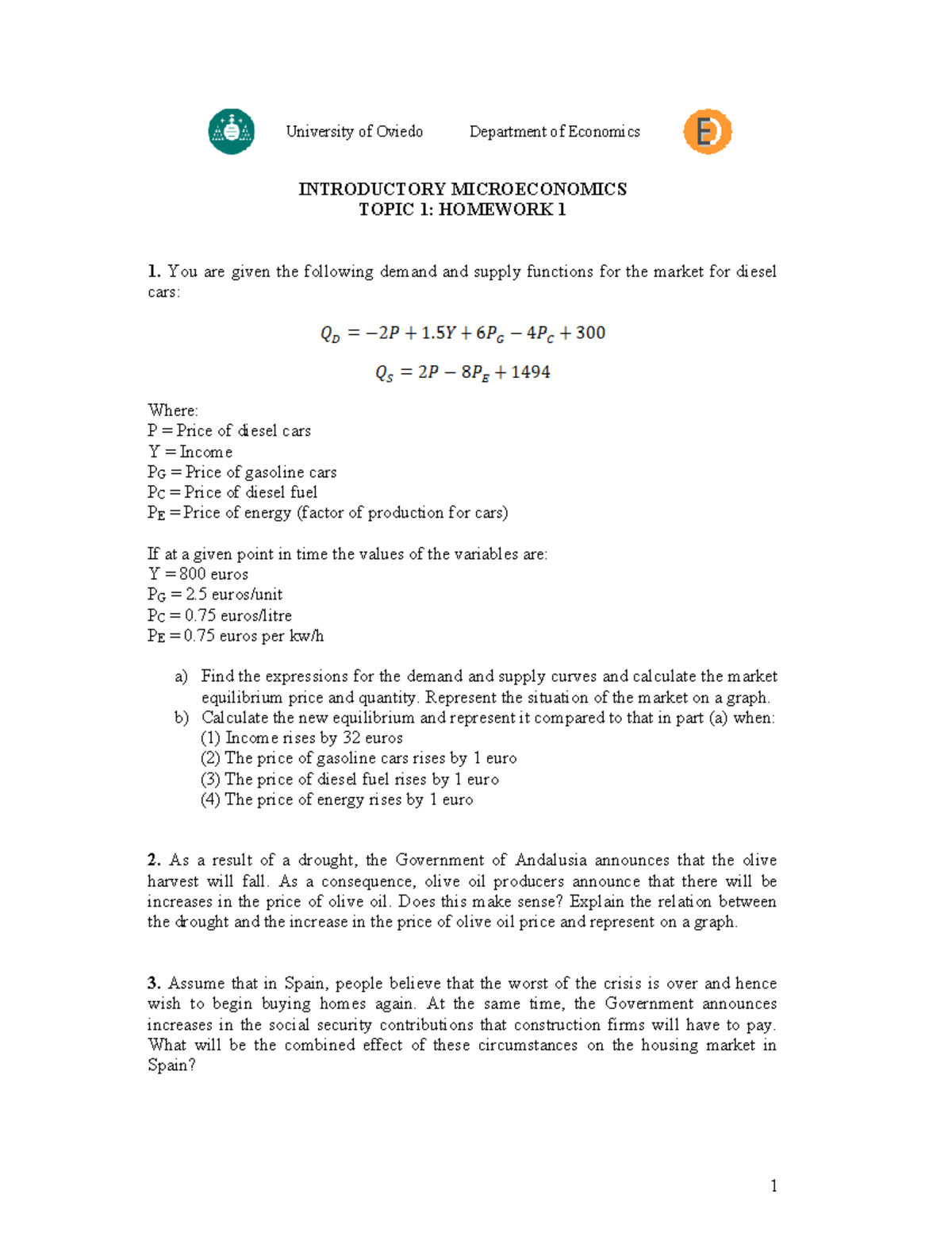 Microeconomics (ECO101) Homework 1: Demand & Supply Analysis - Studocu