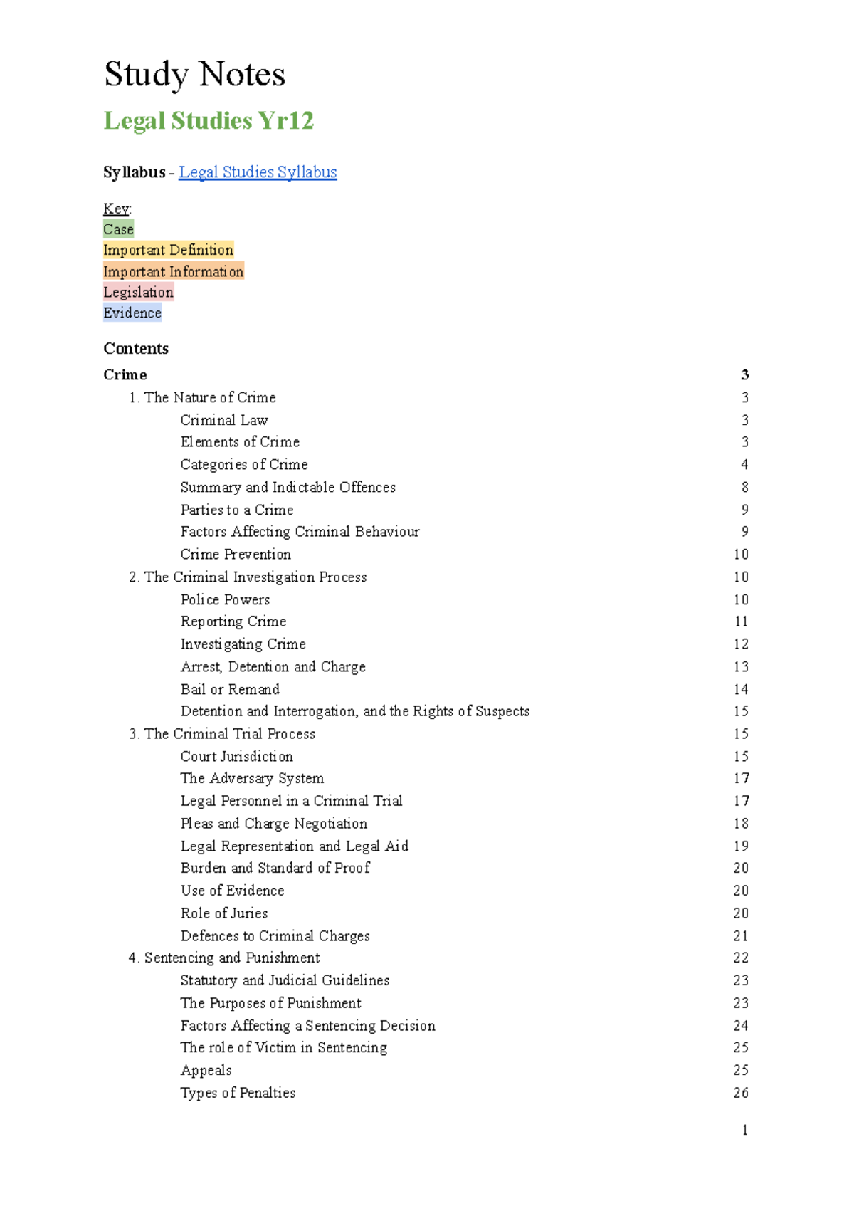 Legal Studies Y12 Study Notes: Crime and Human Rights Overview - Studocu