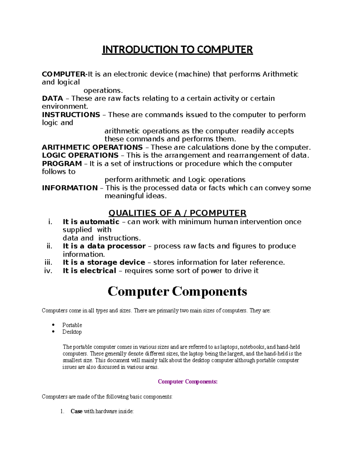 Introduction to Computer Concepts and Components: Notes - Studocu