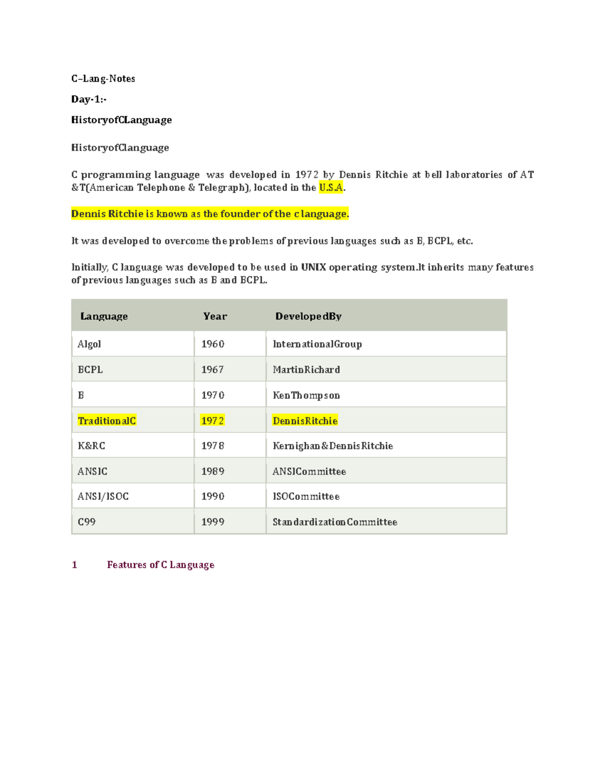 C-notes - c notes - C–Lang-Notes Day-1:- HistoryofCLanguage ...