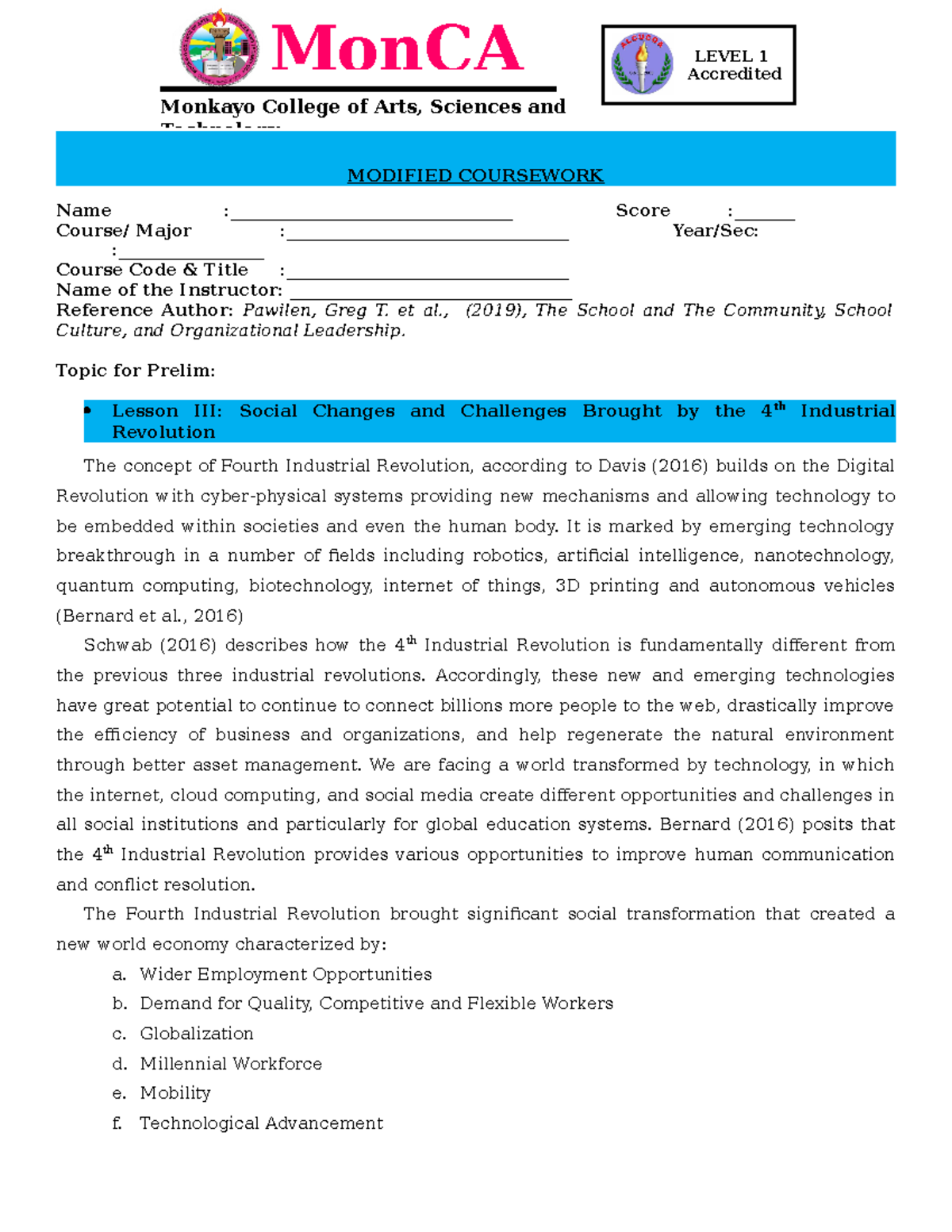 Lesson 3 BSED AT3 - none - MODIFIED COURSEWORK Name :_________________________________ Score ...