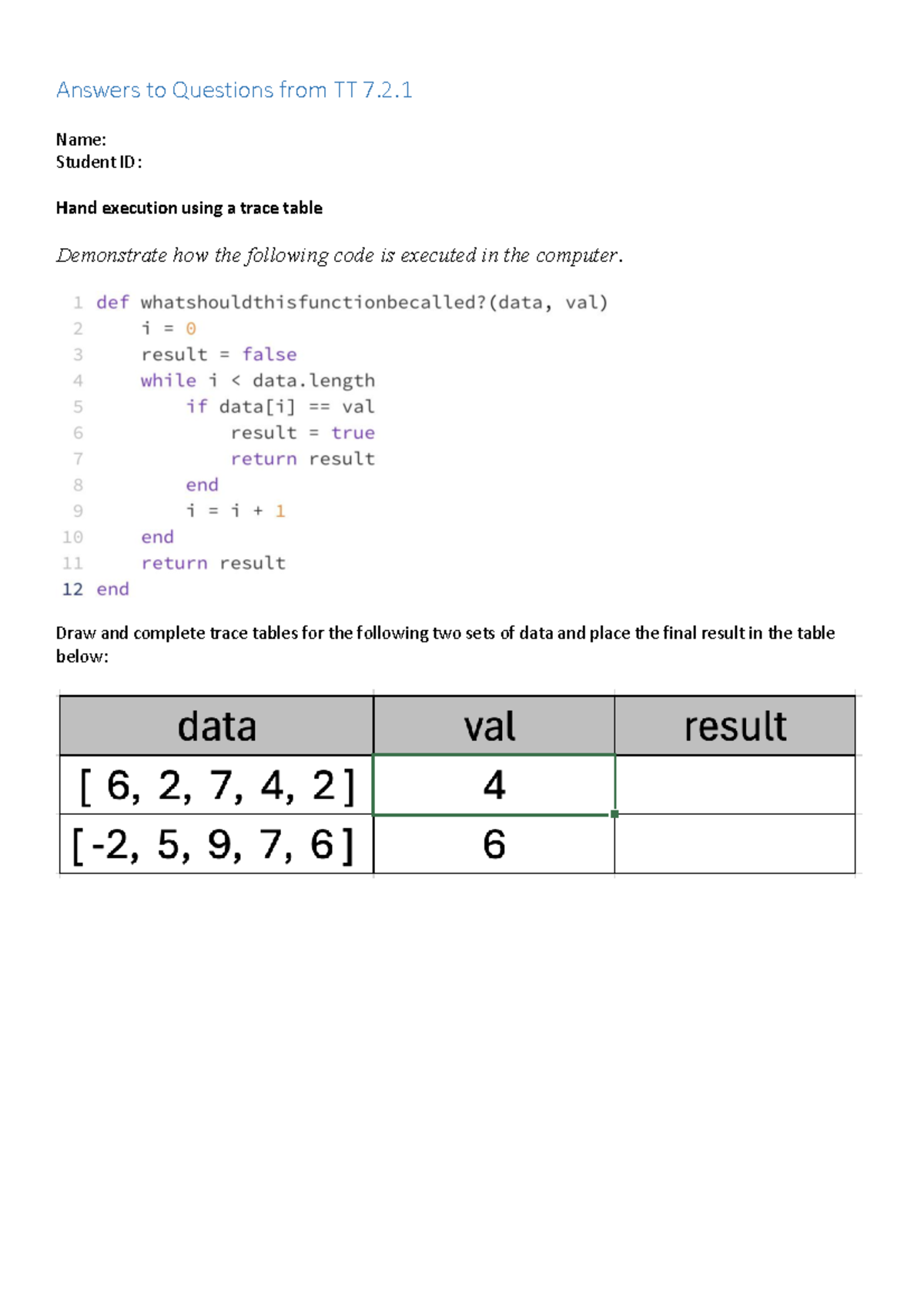 TT 7.2.1 Tutorial Task: Hand Execution of Array Search - Studocu
