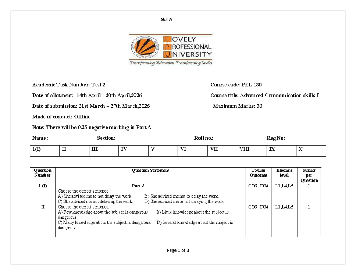 PEL 130 Test 2: Advanced Communication Academic Task Set A - Studocu