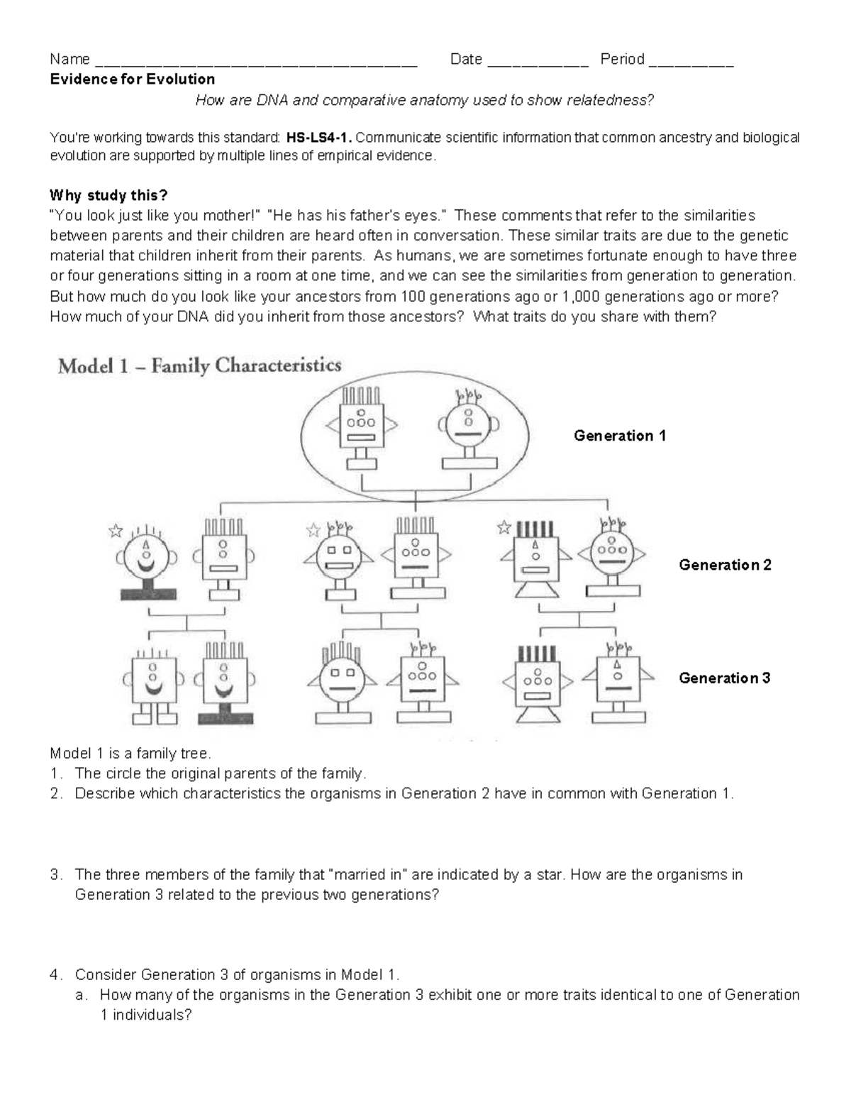 Evidence for Evolution: DNA & Anatomy Worksheet (HS-LS4-1) - Studocu