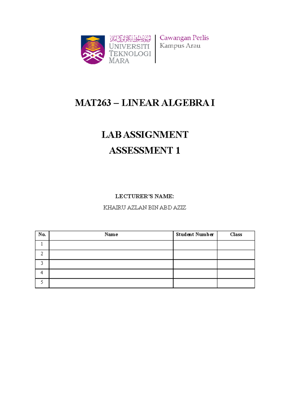 MAT263 Linear Algebra I Lab Assignment 1: Gaussian Elimination ...