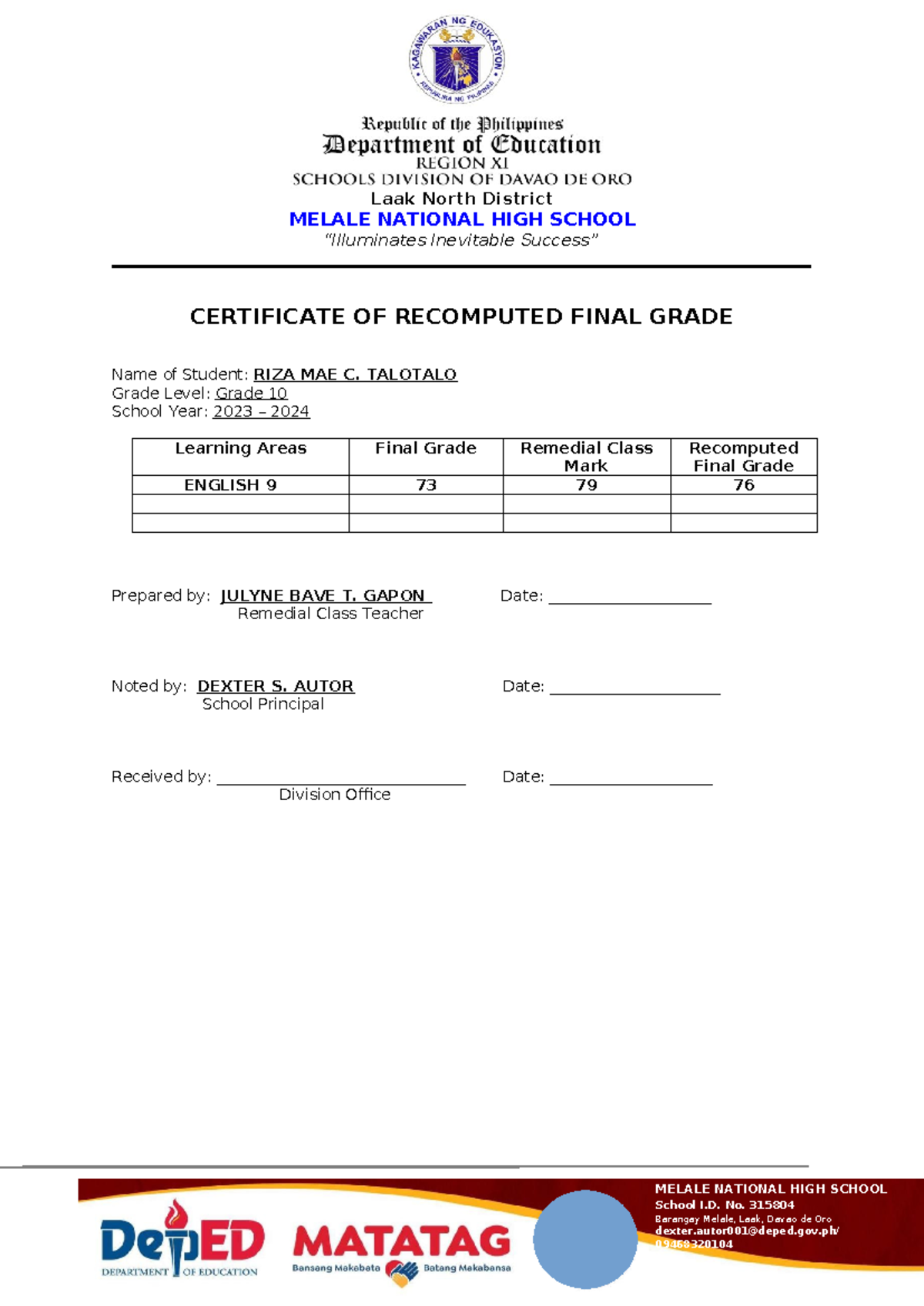 Certification OF Recomputed Grade - MELALE NATIONAL HIGH SCHOOL School ...