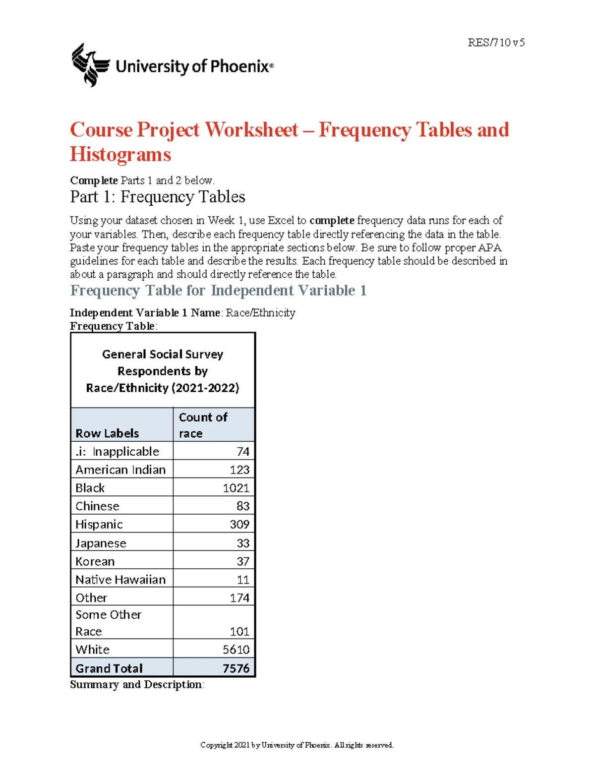 RES/710 v5 Week 2 Project: Frequency Tables & Histograms Guide - Studocu