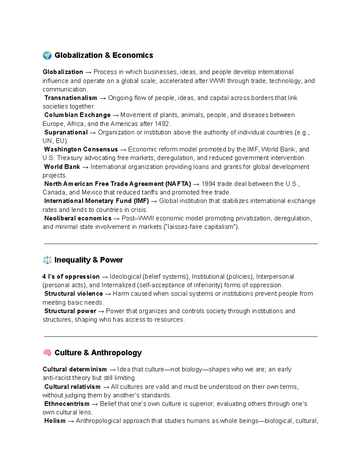 ANTH 101 Midterm Key Terms: Globalization, Culture, Gender, Race - Studocu