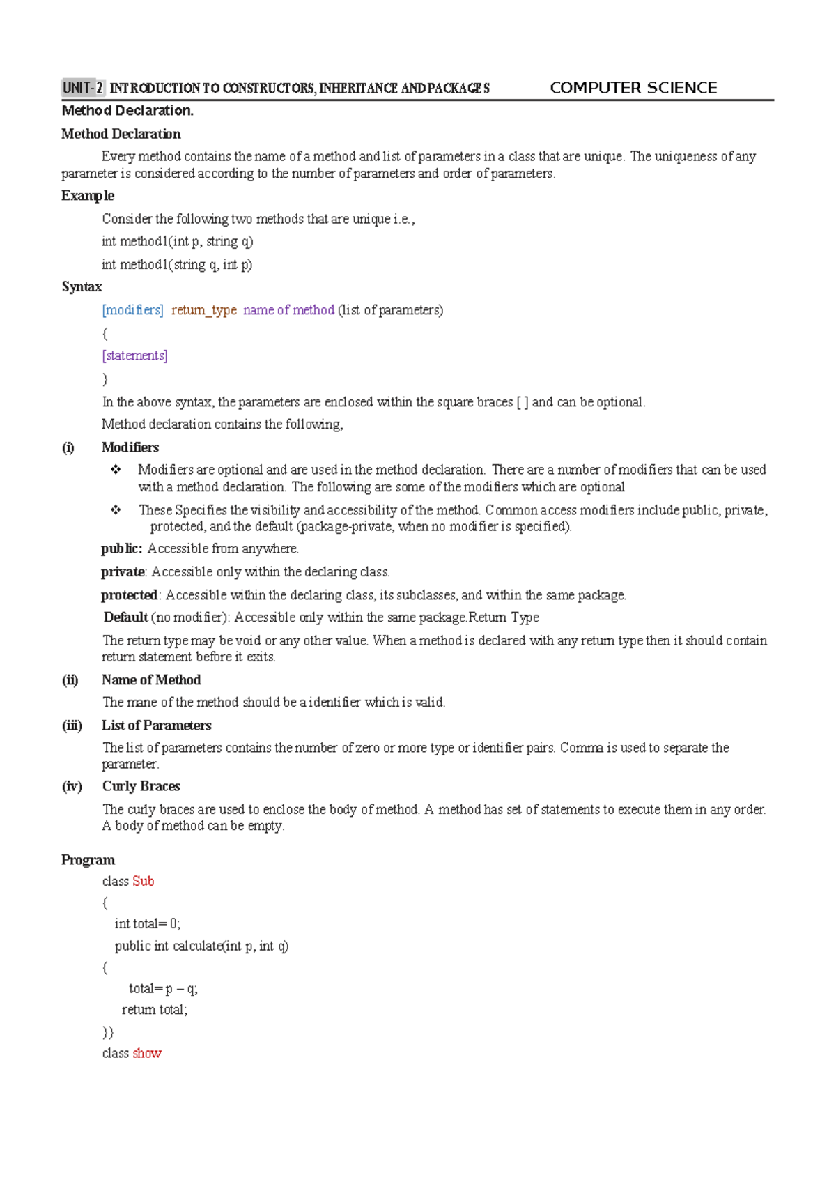 BA CS Unit 2: Constructors, Inheritance, and Method Declaration - Studocu
