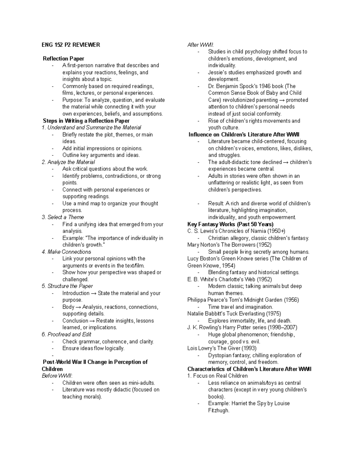 ENG 152 P2 REVIEWER: Reflection Paper Writing Guide - Studocu