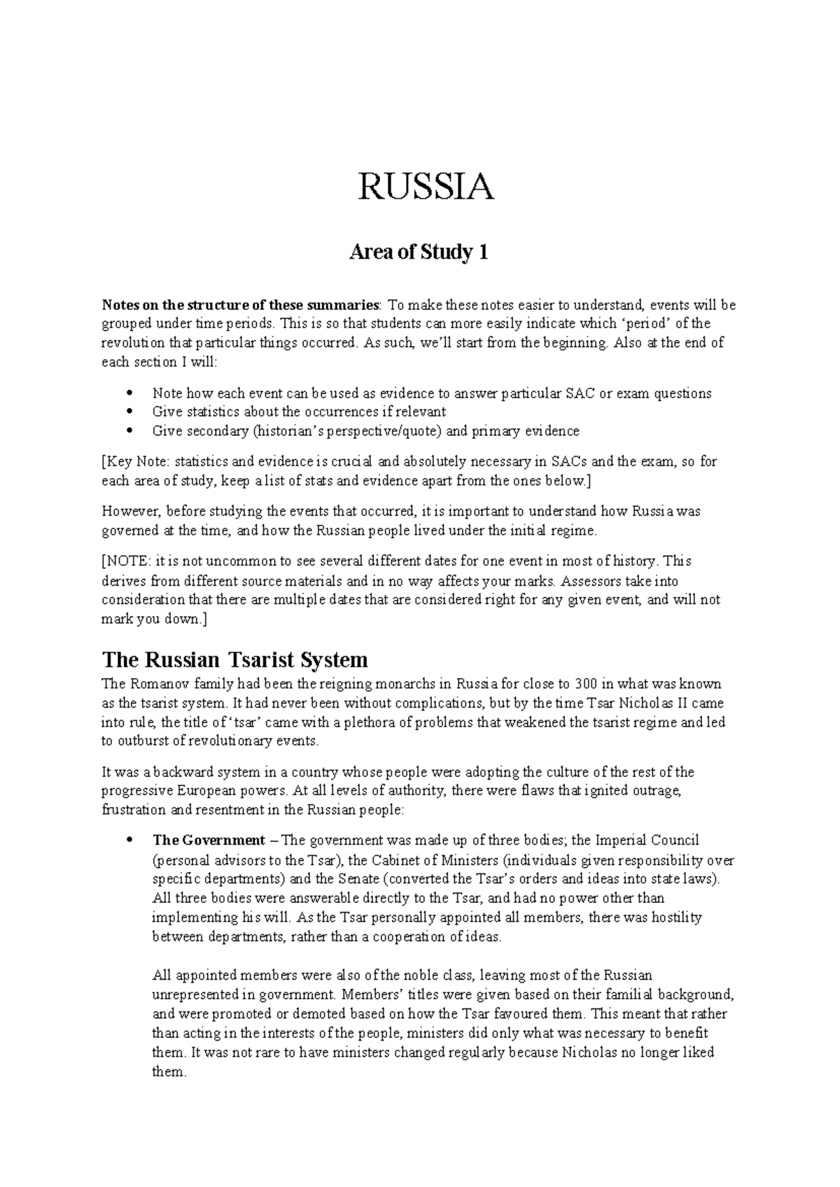 Russia AOS 1 & 2 Study Notes: Tsarist Regime and Revolutionary ...