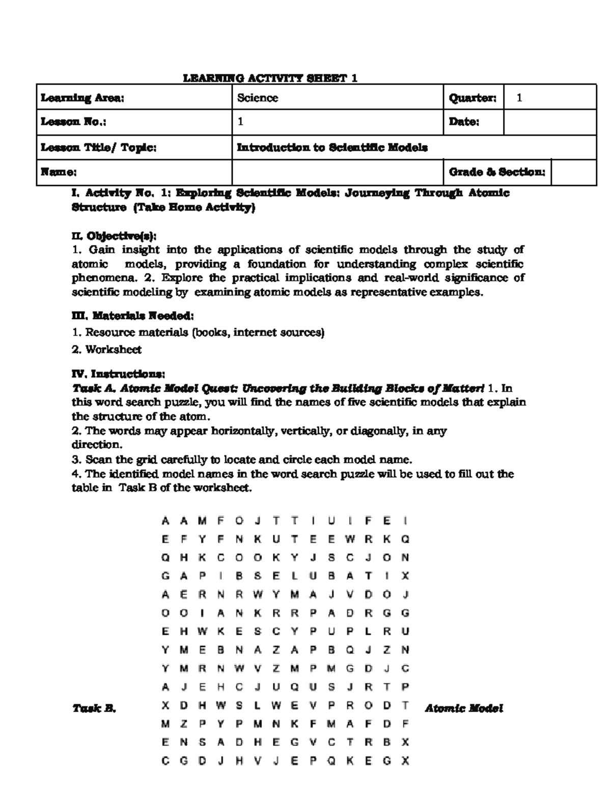 Science 1 Lesson: Exploring Atomic Models Activity Sheet - Studocu