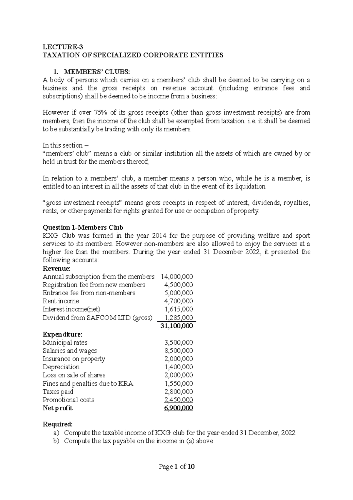 Lecture 2: Taxation of Specialized Corporate Entities and Clubs - Studocu