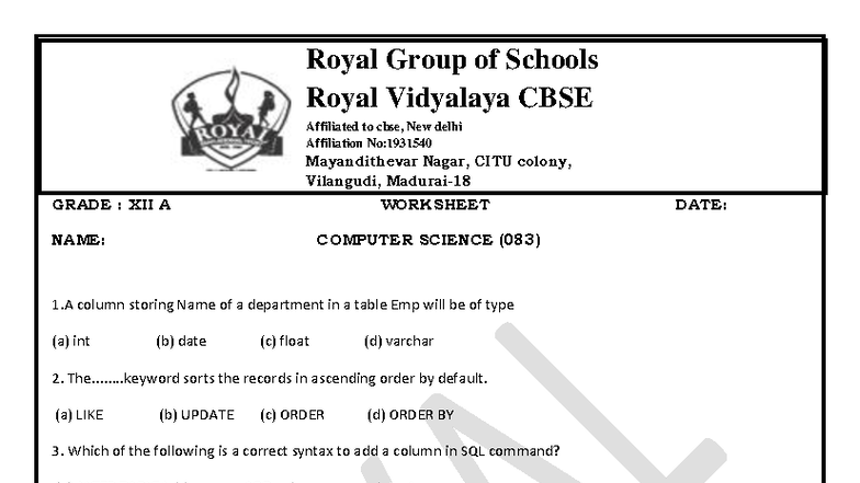Worksheet on MySQL DBMS for Grade XII A (CS 083) - Studocu