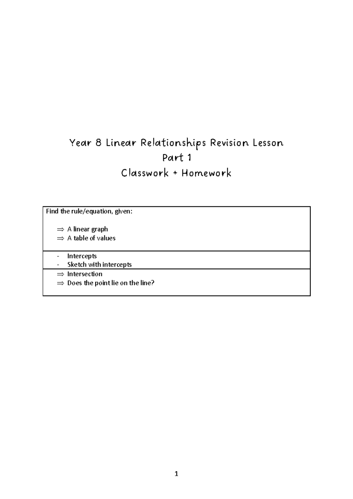 Year 8 Linear Relationships Revision Lesson Part 1 - Studocu