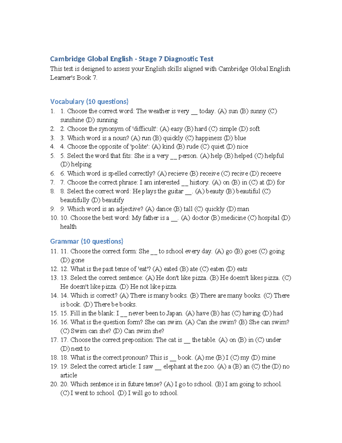 Cambridge Global English Stage 7: Diagnostic Test Review - Studocu