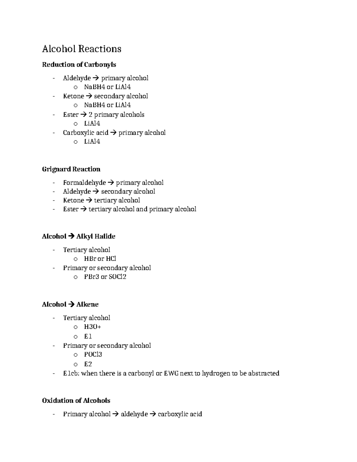 Exam 2 Reactions: Alcohols, Ethers, and Carbonyls Overview - Studocu