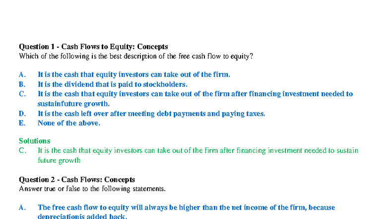 Cash Flows to Equity Concepts: DCF Exercises SOL (Course Code: 4 DCF ...