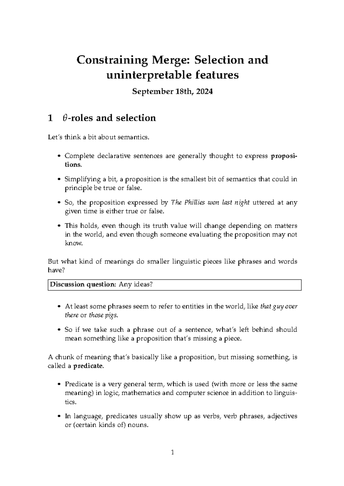 C-Selection and Uninterpretable Features in Syntax: Lecture Notes (2024 ...