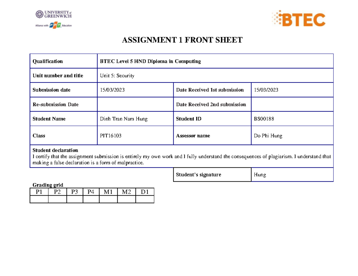 ASM1-Security-Dinh Tran Nam Hung - ASSIGNMENT 1 FRONT SHEET Qualification BTEC Level 5 HND ...