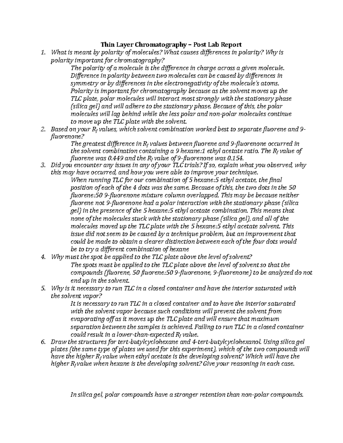 TLC Post-Lab Report #1: Analyzing Polarity and Solvent Effects - Studocu