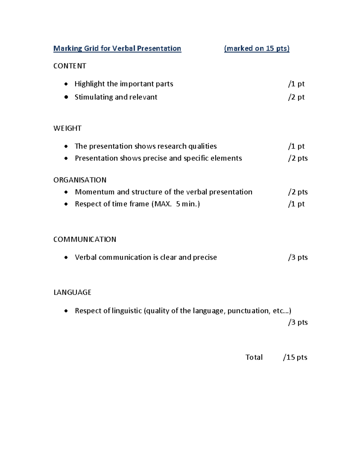 PART B marking grid presentation - Marking Grid for Verbal Presentation ...