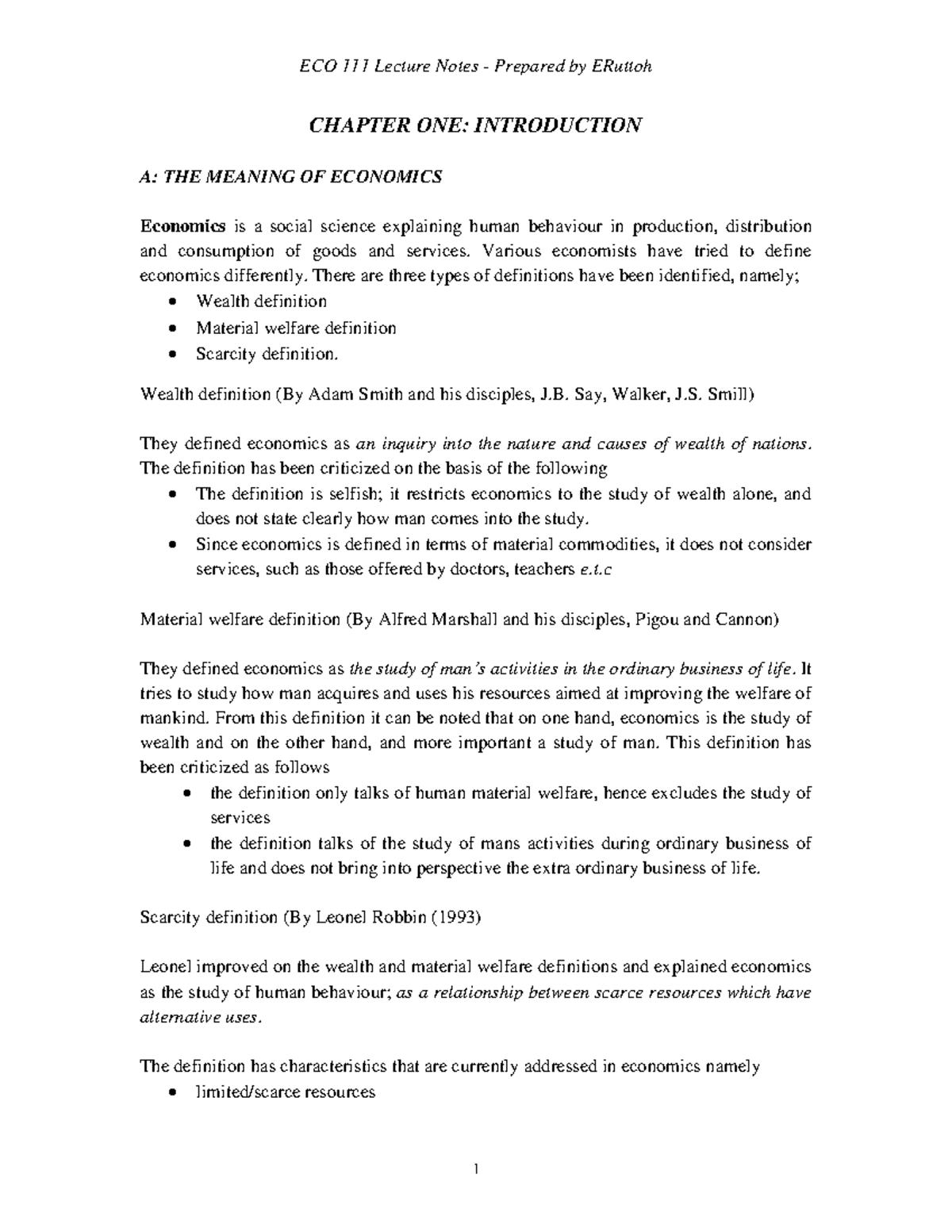 ECO 111 Lecture Notes: Understanding Economics and Economic Systems ...