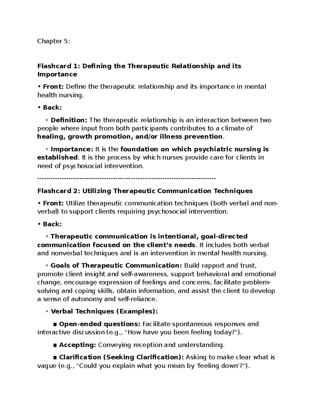 Chapter 5: Therapeutic Communication Techniques in Mental Health Nursing - Studocu