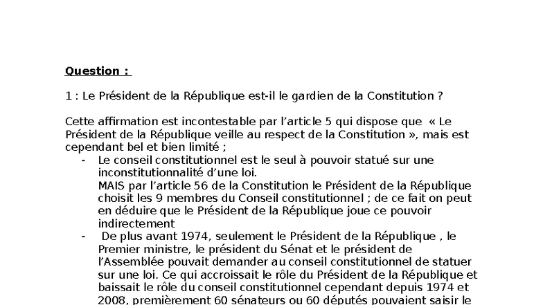 TD 3 Constit - Le Président de la République et la Constitution - Studocu